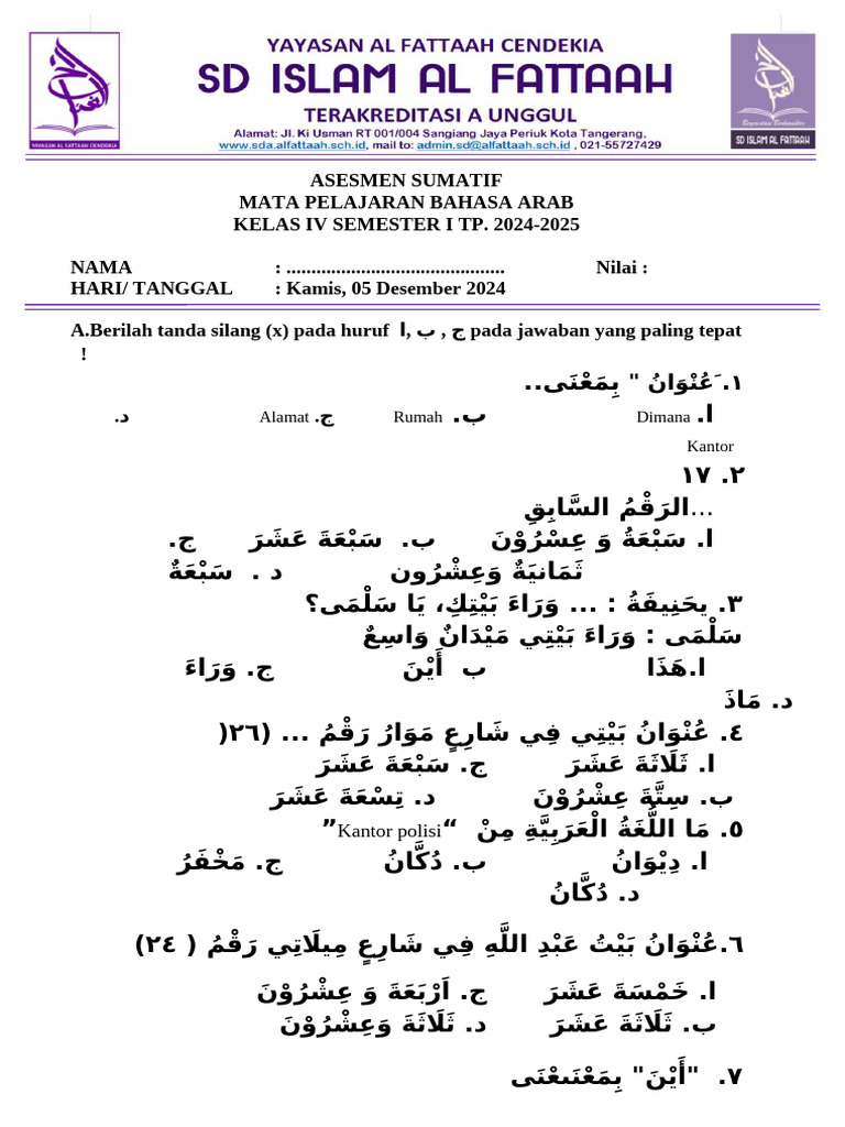 SOAL ASAS ARABIC KELAS 4 SEMESTER 1 (24-25) fixxxxxx | PDF