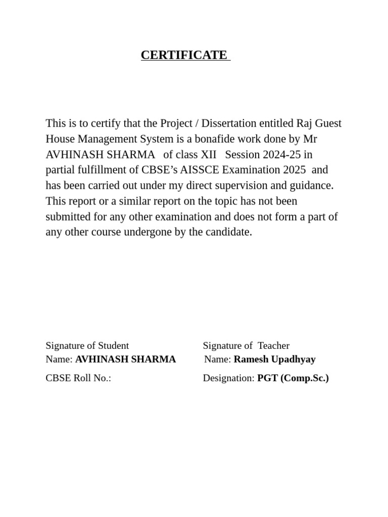 Certificate: Signature of Student Signature of Teacher Name: Name: CBSE ...