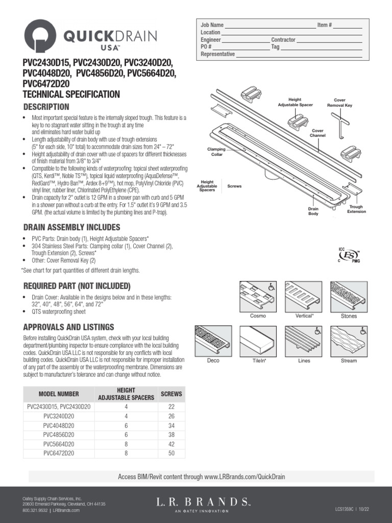 Raw 10 Quickdrain PVCDrainBodyDownVerticalOutlet Submittal LCS1359 | PDF | Polyvinyl Chloride ...
