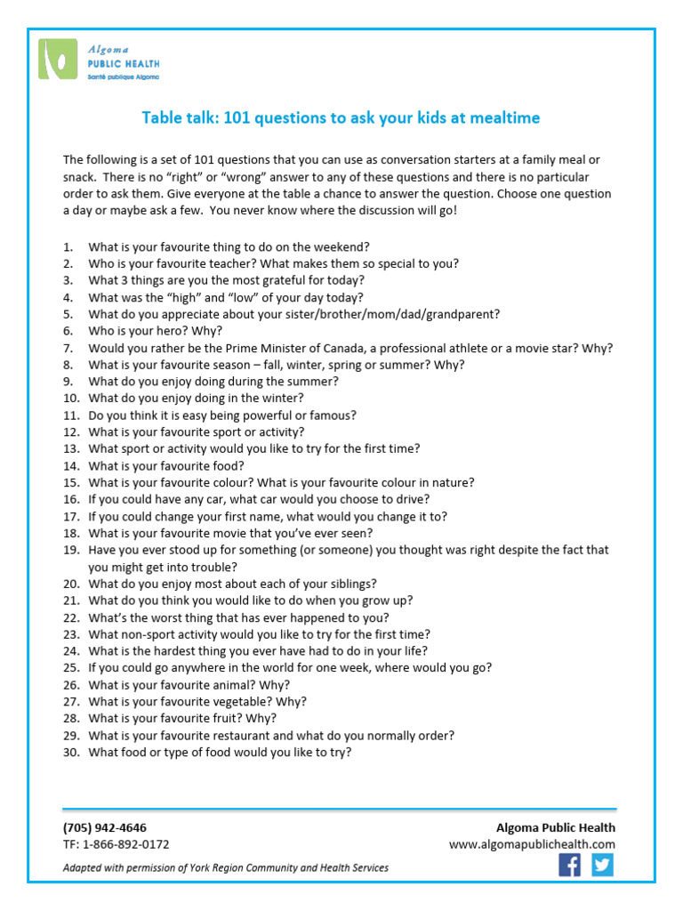 101 Questions To Ask Your Kids at Mealtime Final | PDF