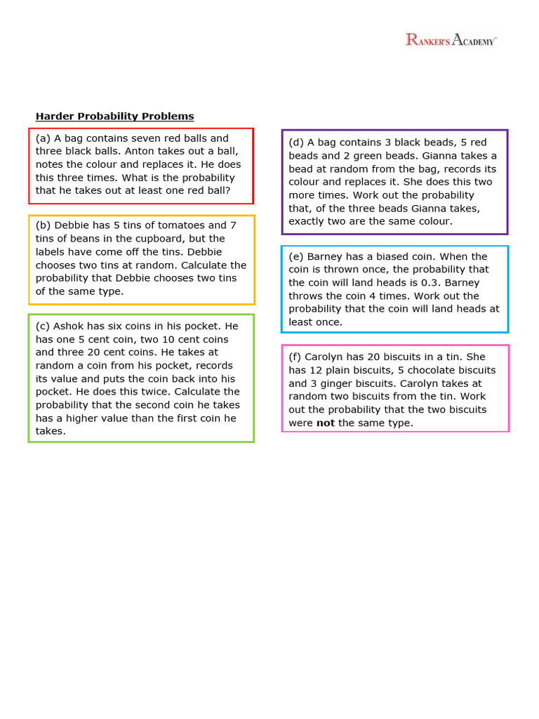 9th Maths Harder Probability Problems Practice Strips (17!1!25) | PDF