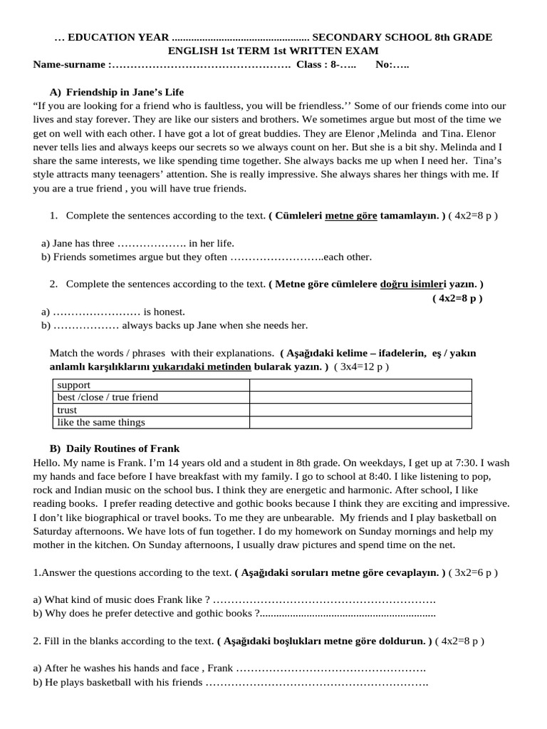 Sinif Ingilizce 1. Donem 1. Yazili | PDF