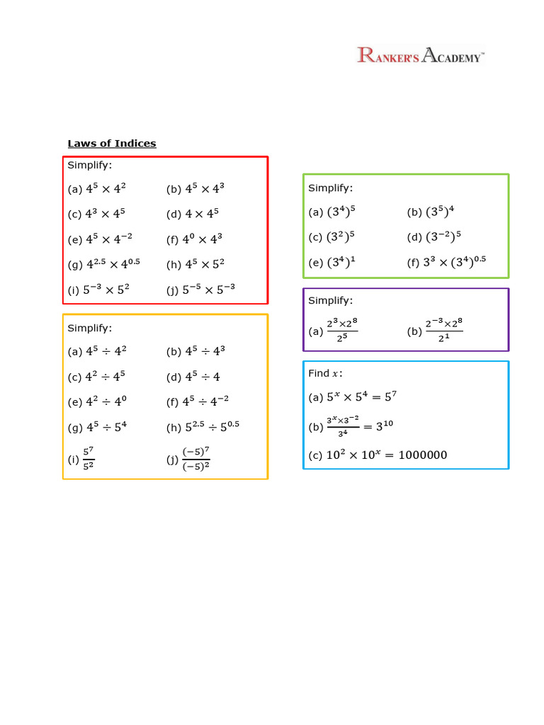 8th Maths Laws of Indices Practice Strips | PDF