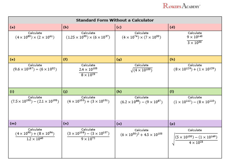 8th Maths Standard Form Without A Calculator Practice Grid (16!1!25 ...