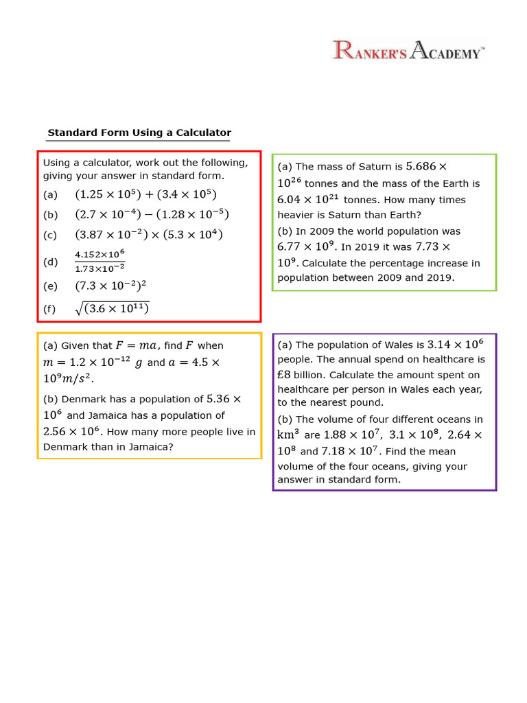 Standard Form Calculations for 8th Grade | PDF
