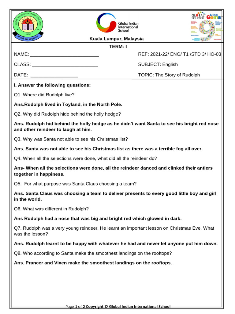 Ho-03 - STD3 - Eng - The Story of Rudolph - 2021-22 | PDF | Santa Claus ...