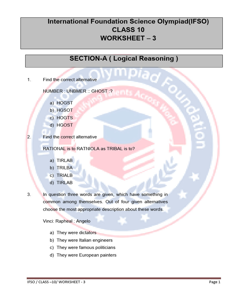 IFSO Class 10 Worksheet 3 Answers | PDF | Redox | Inductor