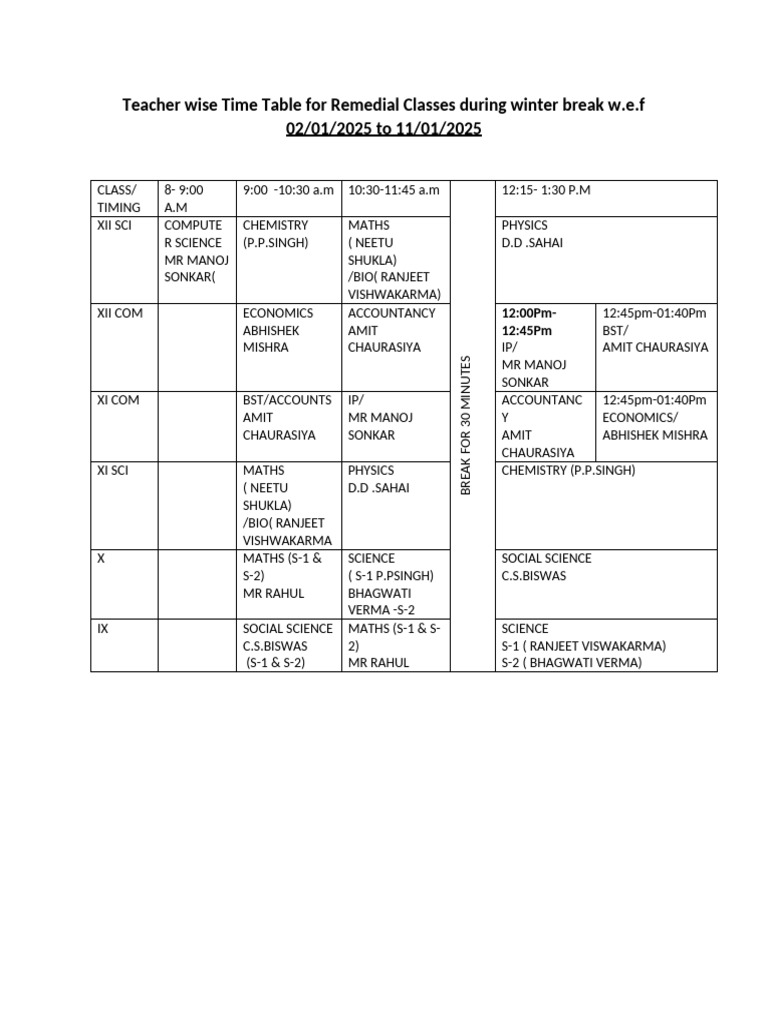 Teacher Wise Time Table For Remedial Classes During Winter Break | PDF