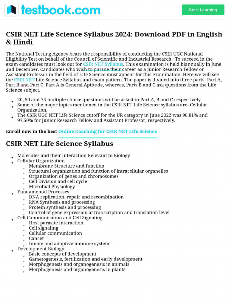 CSIR NET Life Science Syllabus 2024 - Download PDF in English & Hindi | PDF