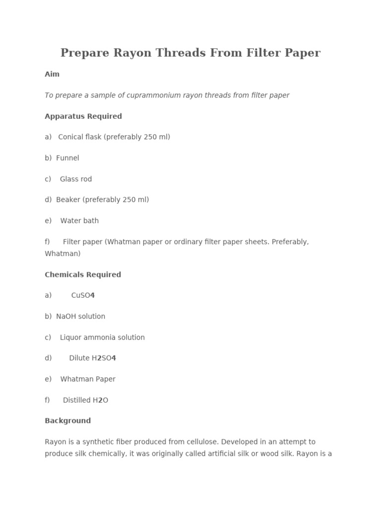 Prepare Rayon Threads From Filter Paper | PDF | Rayon | Cellulose