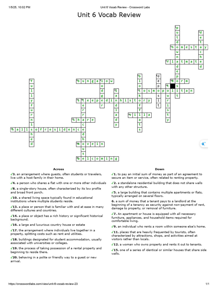 Unit 6 Vocabulary Crossword Review | PDF | Leasehold Estate | Apartment