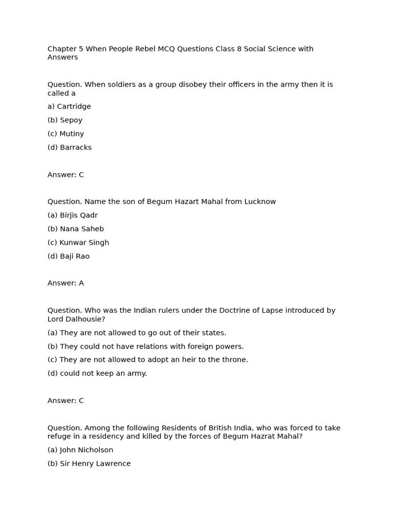 Class 8 History: 1857 Rebellion MCQs | PDF | British India