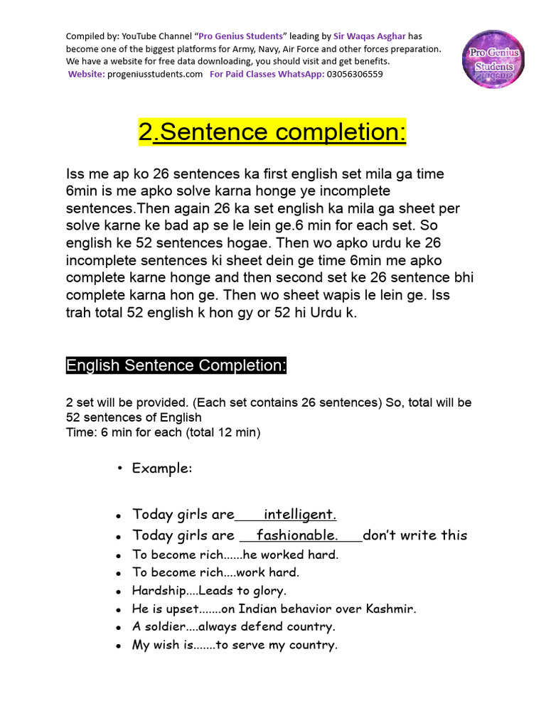 ISSB English Sentence Completion ISSB - Pro Genius Students | PDF