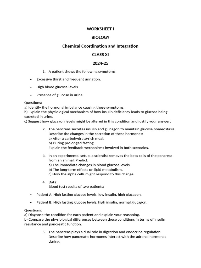 Worksheet 1 Chemical Coordination and Integration Xi Biology | PDF ...
