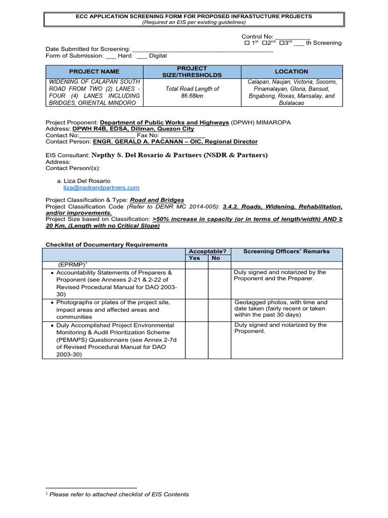 Technical Scoping Checklist Construction of Calapan South Road | PDF ...