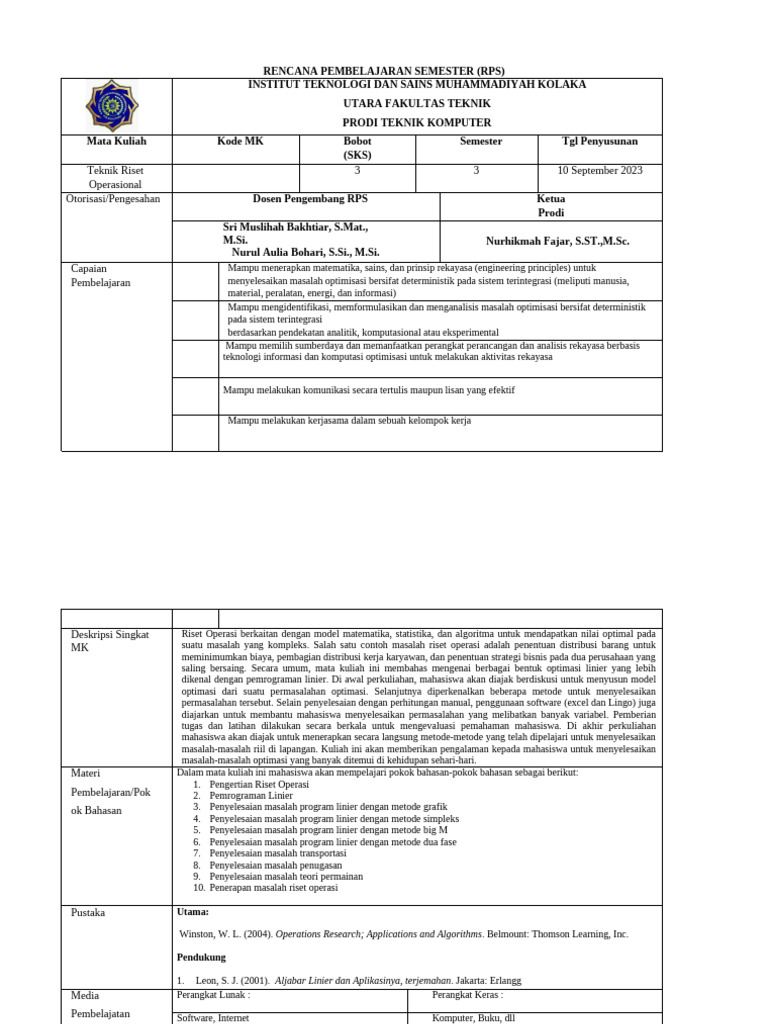 RPS Teknik RIset Operasional (1) | PDF