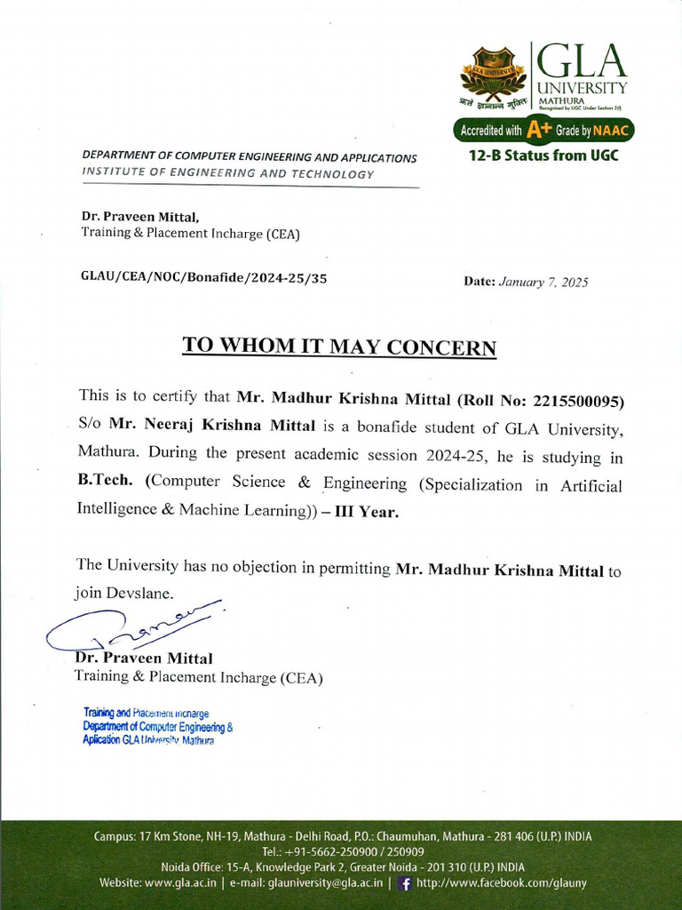 Madhur Krishna Mittal NOC - 0001 | PDF