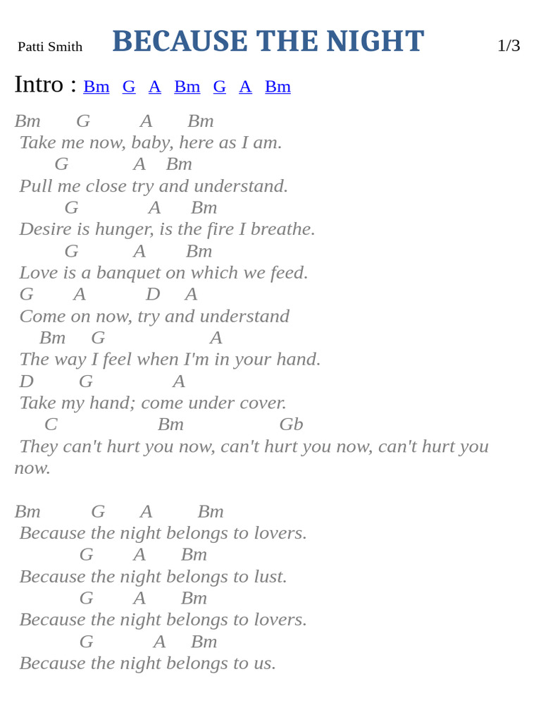 Patti Smith's "Because the Night" Lyrics | PDF