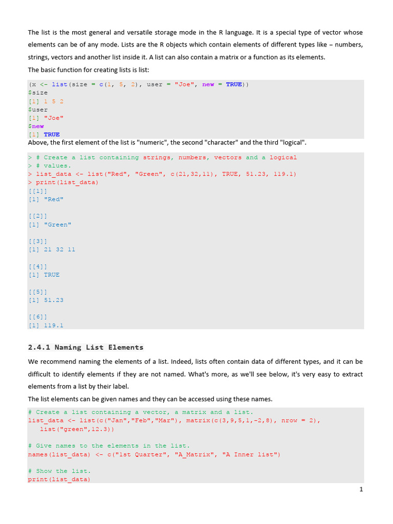 4-Creation and handling Lists | PDF | Matrix (Mathematics) | R (Programming Language)