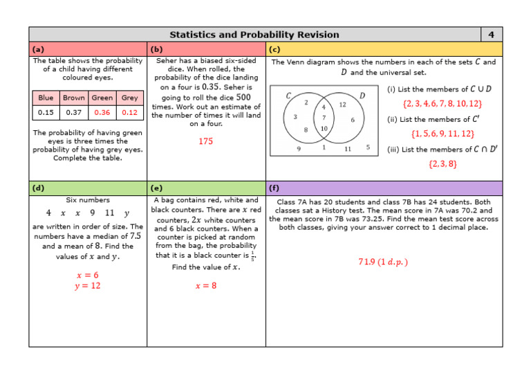 Statistics and Probability Revision Practice Grid 4 Answers | PDF ...