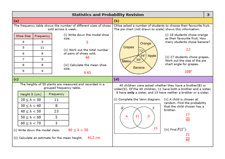 Statistics and Probability Revision Practice Grid 3 Answers | PDF