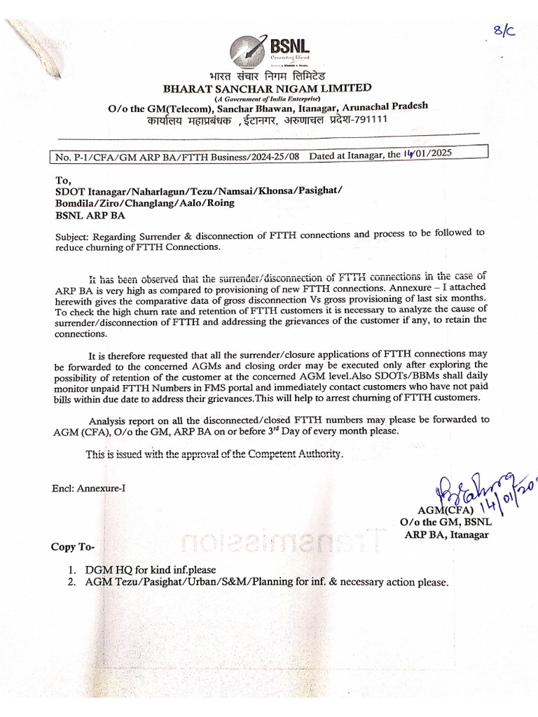 Letter Regarding Surrender of FTTH Connections | PDF