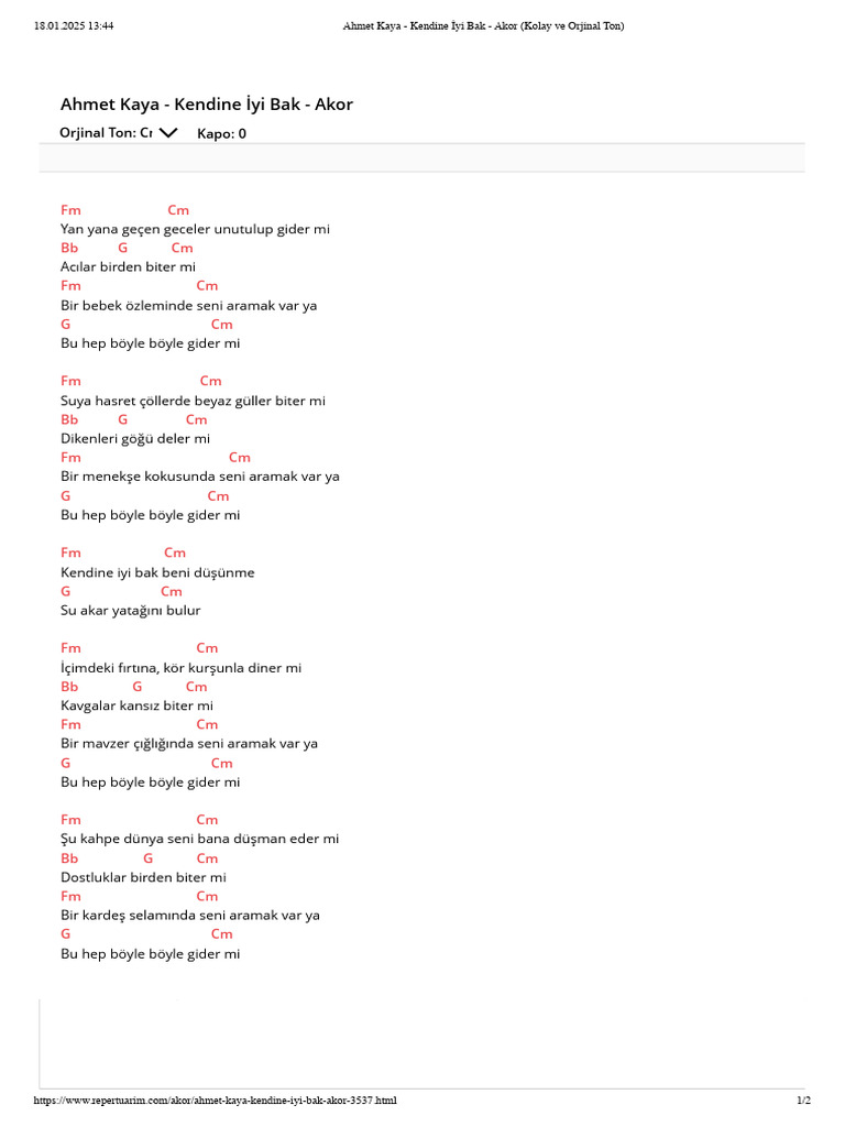 Ahmet Kaya - Kendine İyi Bak - Akor (Kolay Ve Orjinal Ton) | PDF