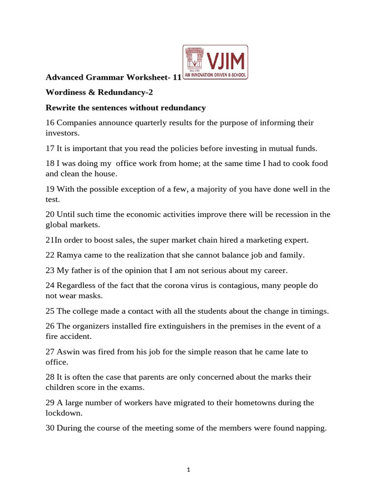 Redundancy and Wordiness worksheet-2 | PDF