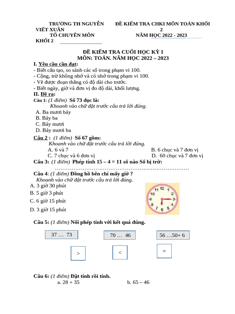 Đề Toán hk1 | PDF