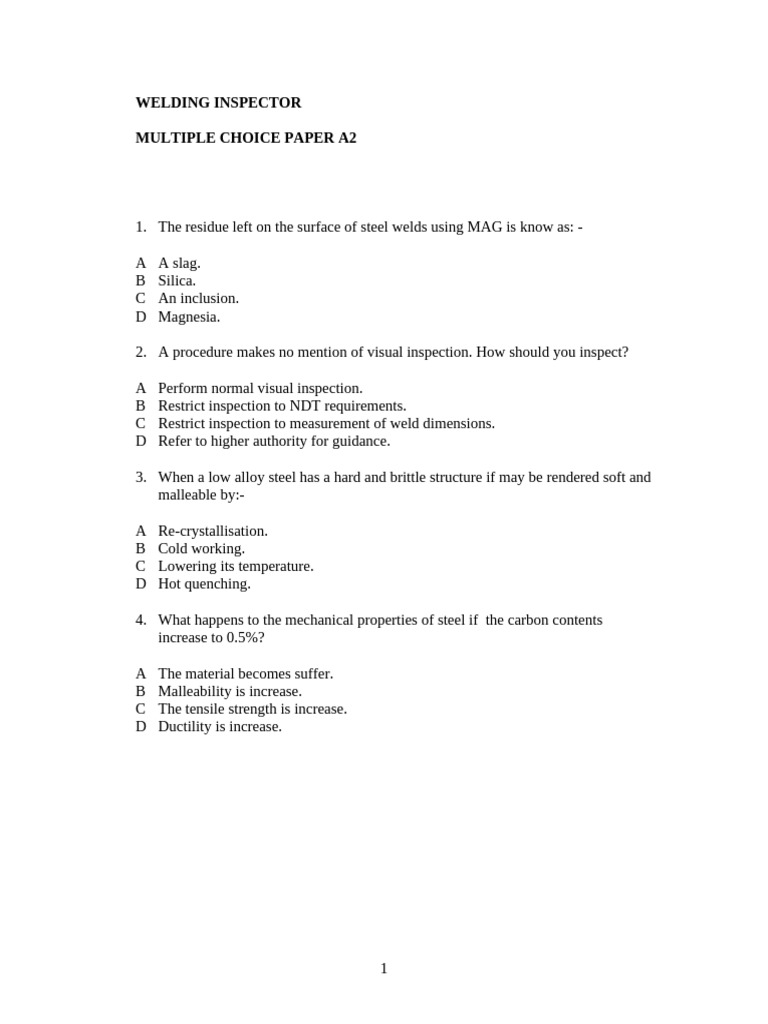 MULTIPLE CHOICE PAPER A2 | PDF | Construction | Welding