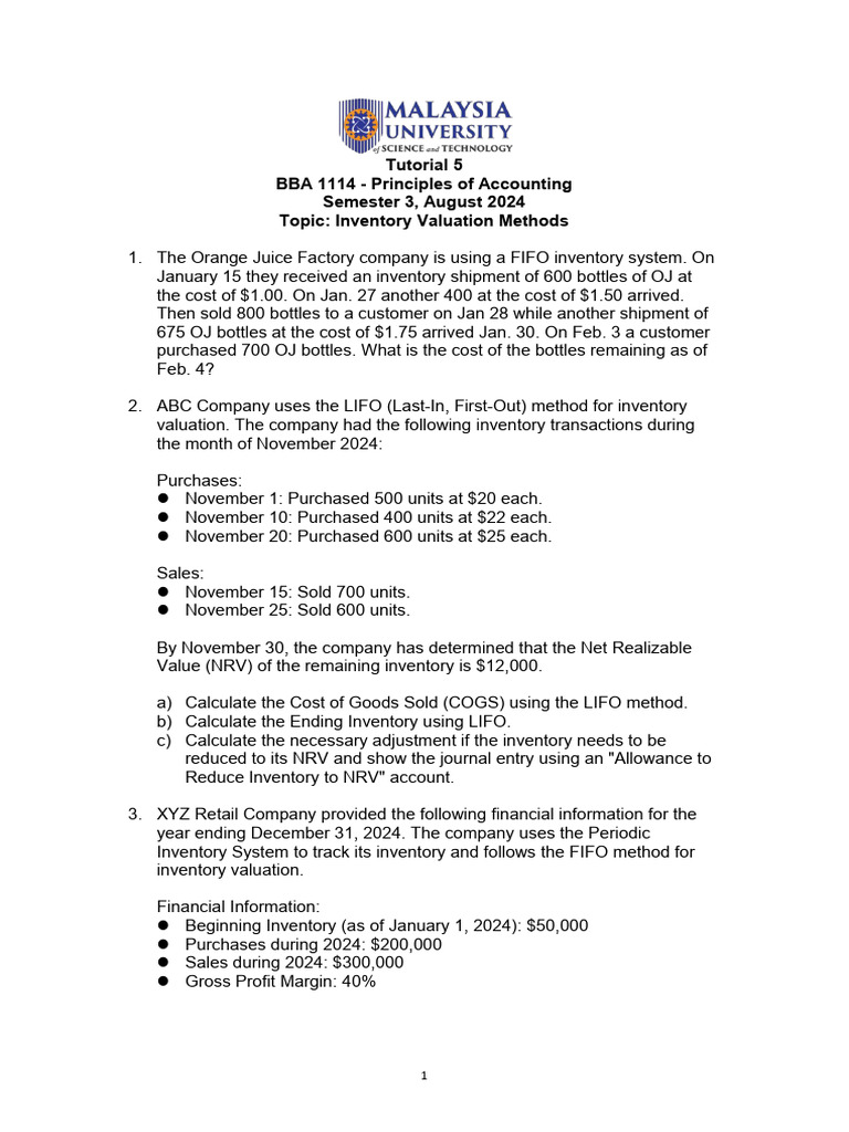 Tutorial 5 - Inventory Valuation Methods | PDF