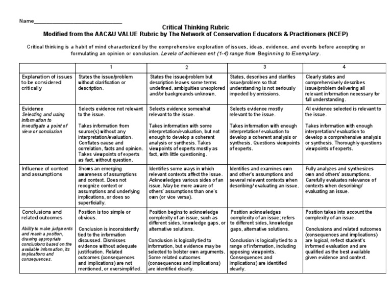 Critical Thinking Rubric | PDF | Logical Consequence | Critical Thinking