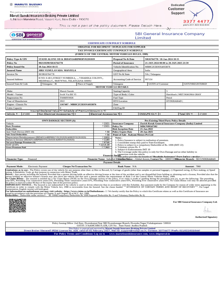 SBI General Insurance Company Limited: Certificate Cum Policy Schedule ...