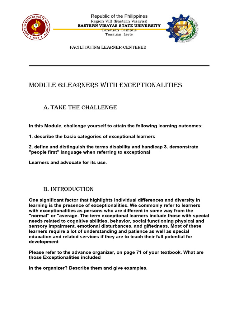 Classwork No.6 (Answers of Module 6 Learners With Exceptionalities | PDF | Disability | Autism ...