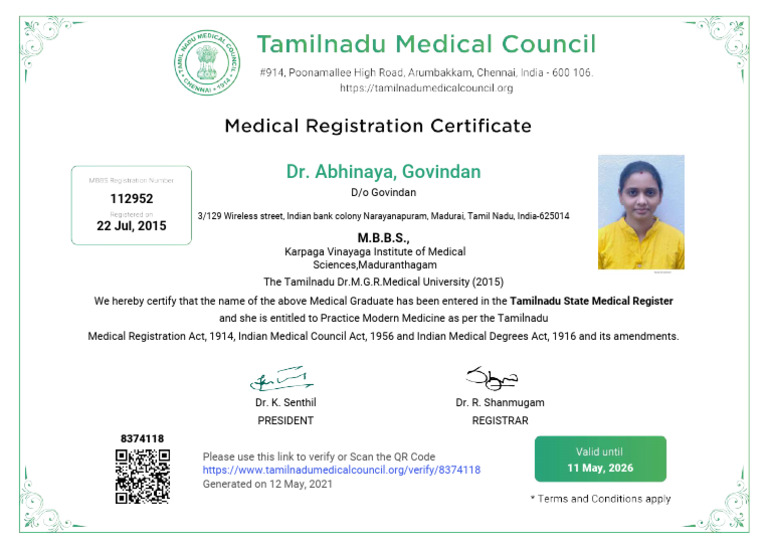 TNMC MBBS Certificate (2) - Compressed | PDF