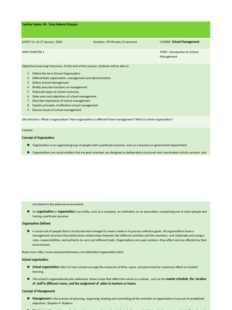 Lesson Plan Week 1 | PDF | Human Resources | Teachers