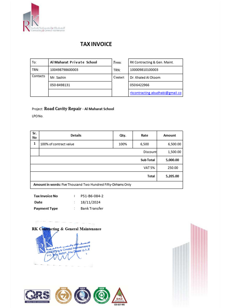 P51-B6-084-2 TaxInvoice - Road Cavity Repair | PDF