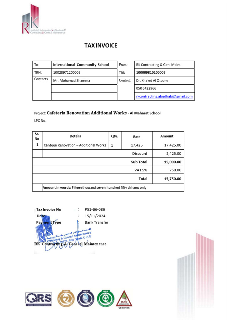 P51-B6-086 Tax Invoice - Cafteria Renovation Additional Works | PDF