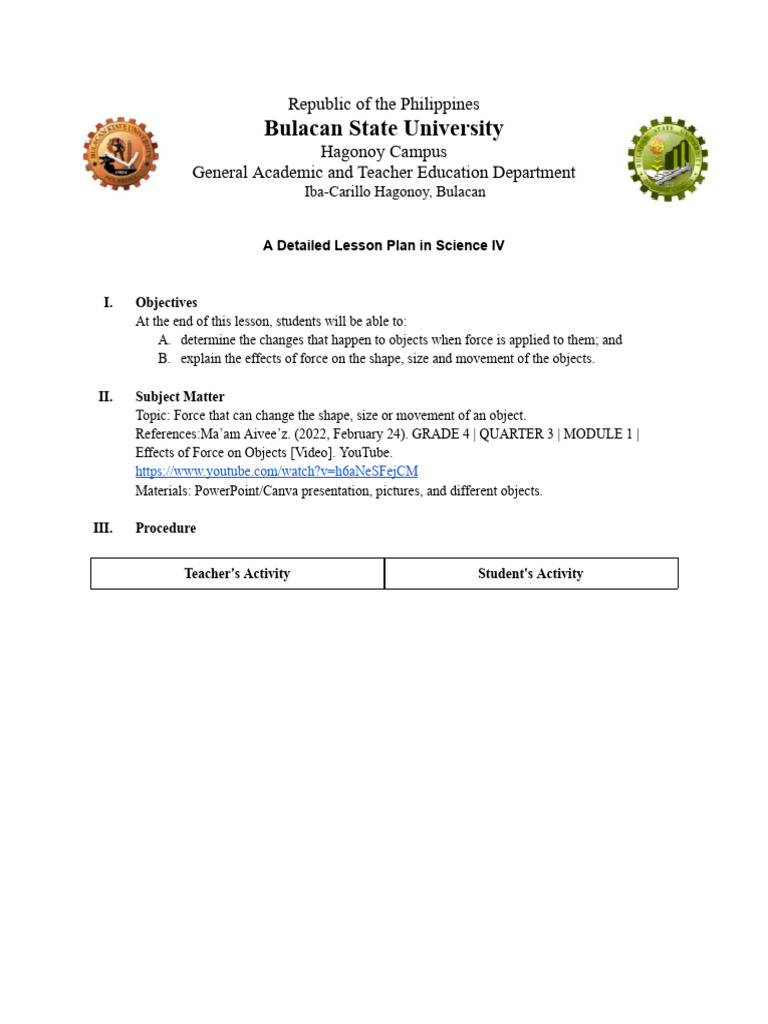 Lesson Plan: Force Effects on Objects | PDF | Force