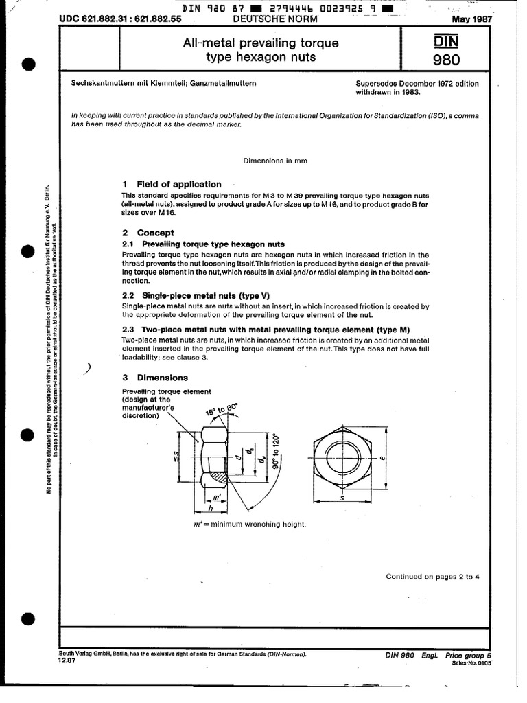 Pages From DIN 980-1987, All Metal Prevailing Torque Type Hexagon Nuts-2 | PDF | Nut (Hardware ...