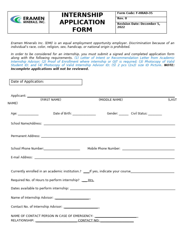 F-HRAD-35 INTERNSHIP APPLICATION FORM | PDF | Information | Internship