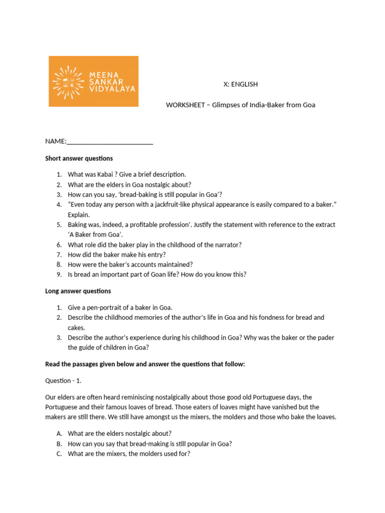 Worksheet-Baker from Goa | PDF