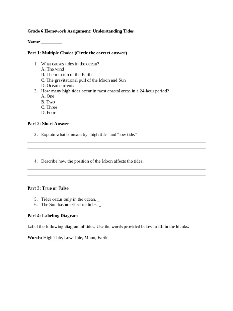 Grade 6 Homework Assignment-Tides | PDF