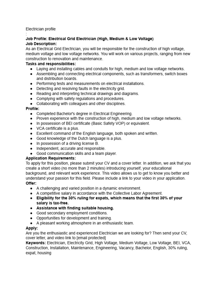Electrical Grid Electrician Job Vacancy | PDF | Electrician | Electric ...
