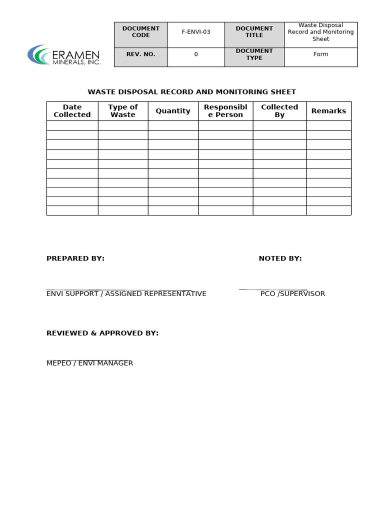 F-EnVI-03 Waste Disposal Record and Monitoring Sheet | PDF
