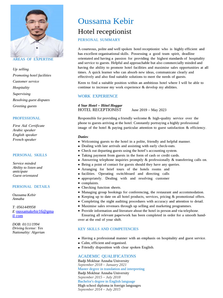 Hotel Receptionist CV Template | PDF