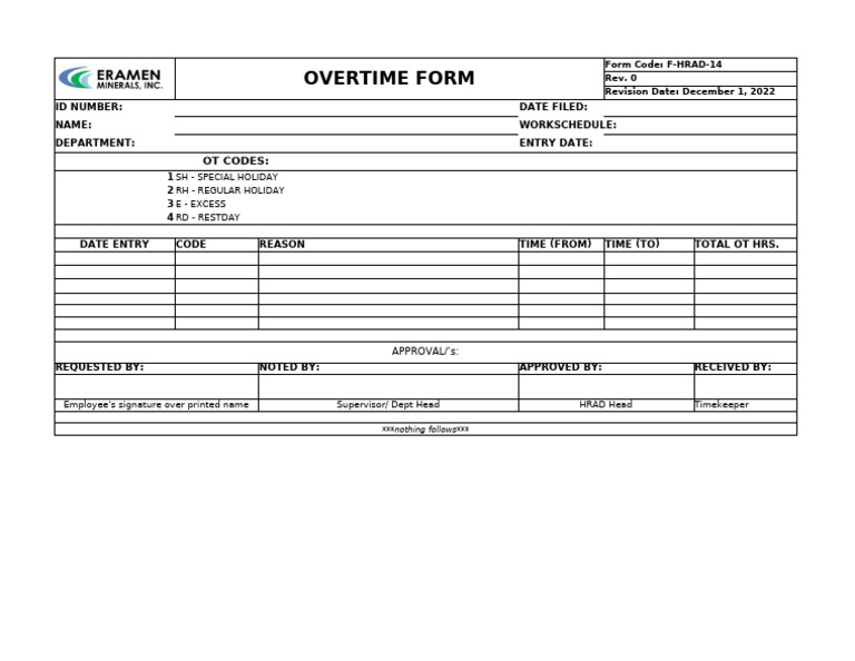 F Hrad 14 Overtime Form | PDF