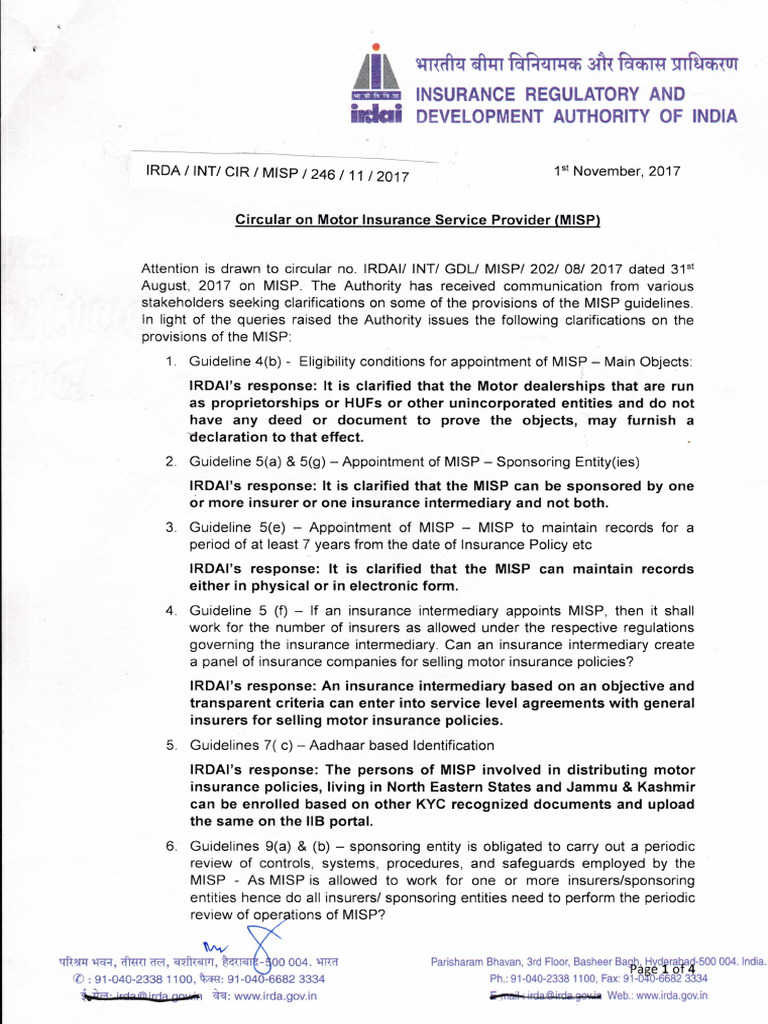 Circular On Motor Insurance Service Provider (MISP) | PDF | Insurance ...