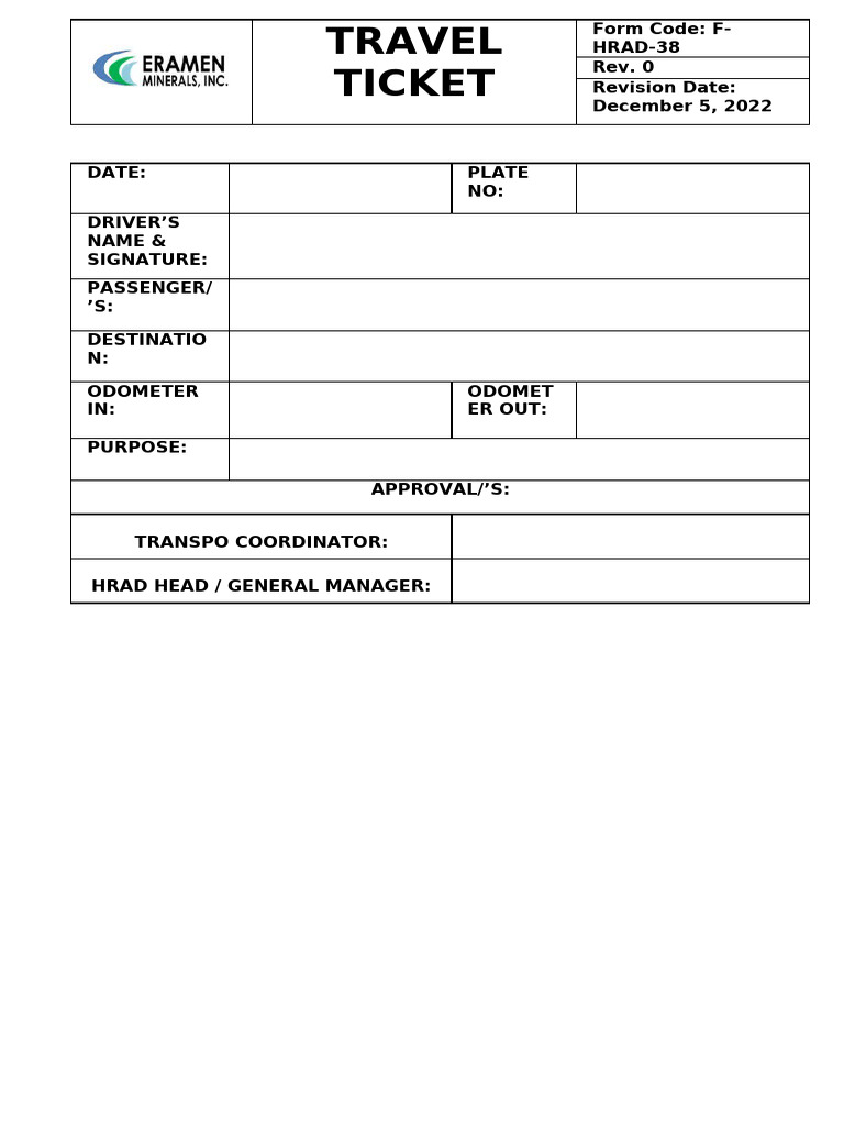 Travel Ticket Form Template | PDF