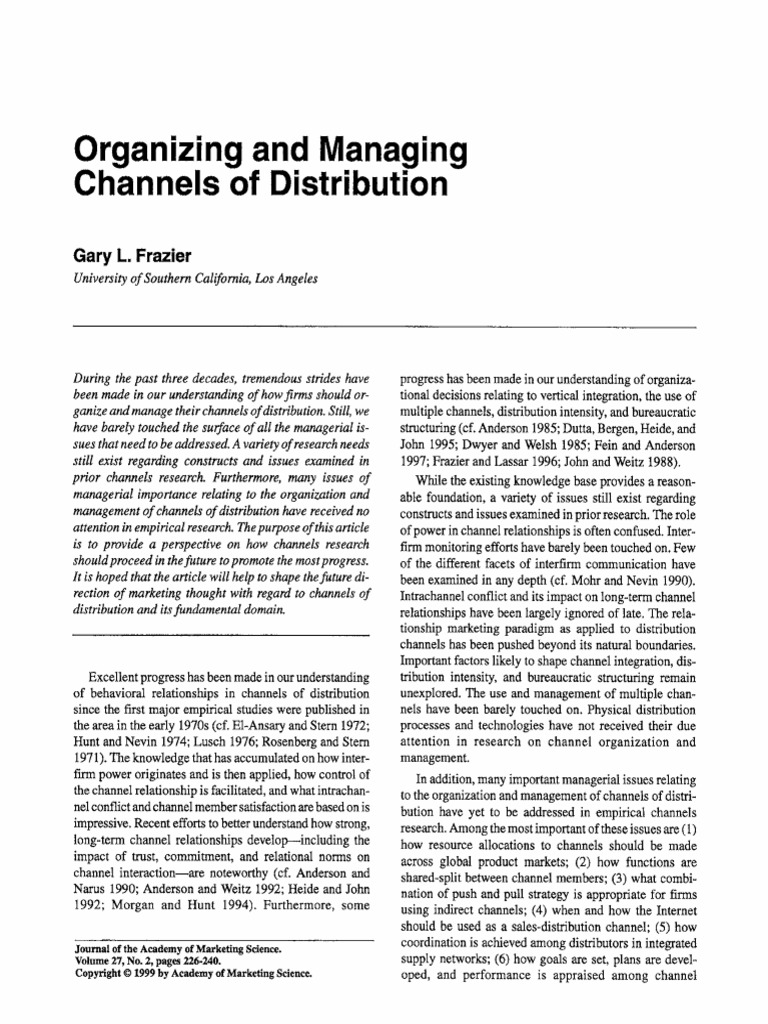Frazier - 1999 - Organizing and Managing Channels of Distribution | PDF | Market (Economics ...